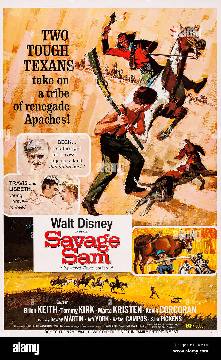SAVAGE SAM, US poster art, left from top: Brian Keith, Tommy Kirk ...