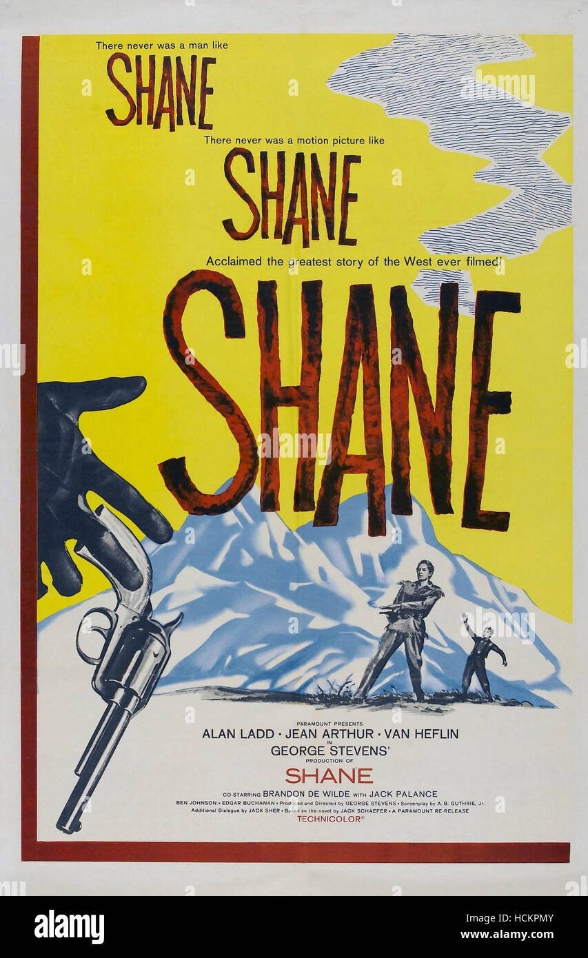 SHANE, background left, from left to right: Alan Ladd, Brandon De Wilde ...