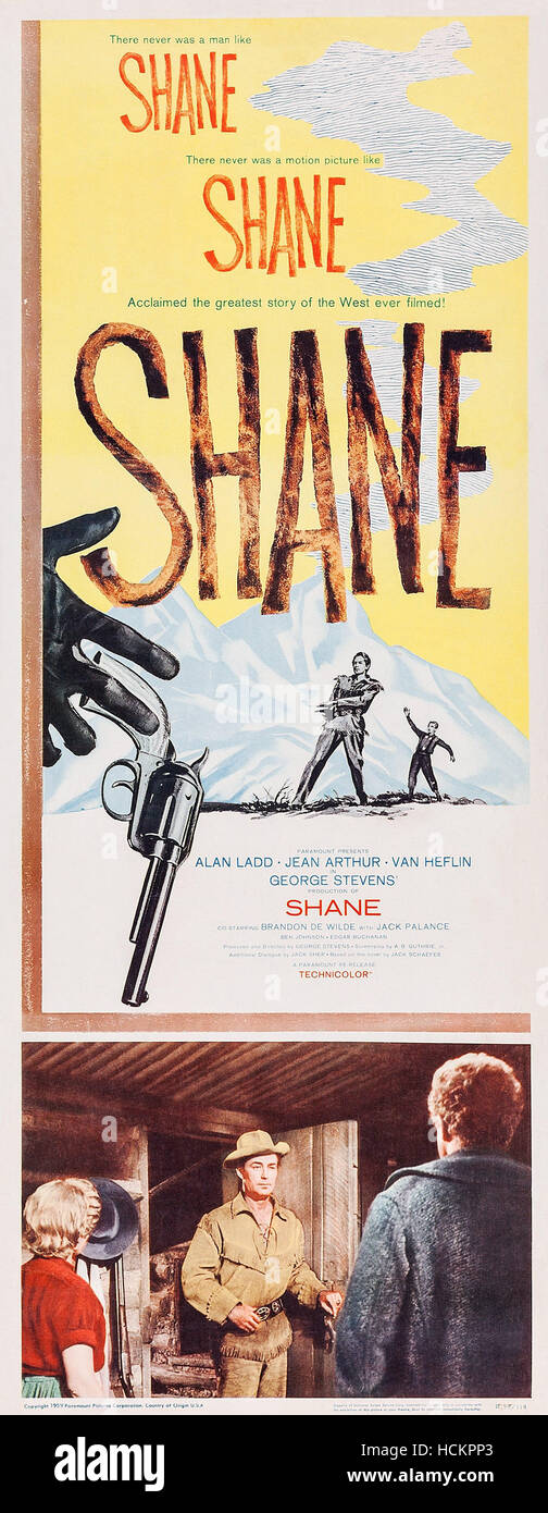 SHANE, US poster, bottom from left: Jean Arthur, Alan Ladd, Van Heflin ...