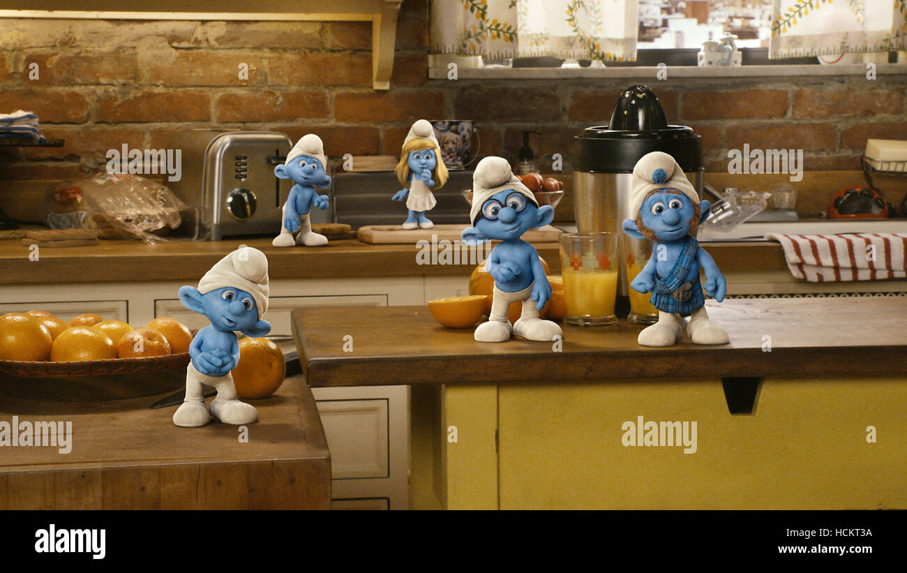 THE SMURFS, from left: Clumsy Smurf (voice: Anton Yelchin), Grouchy ...