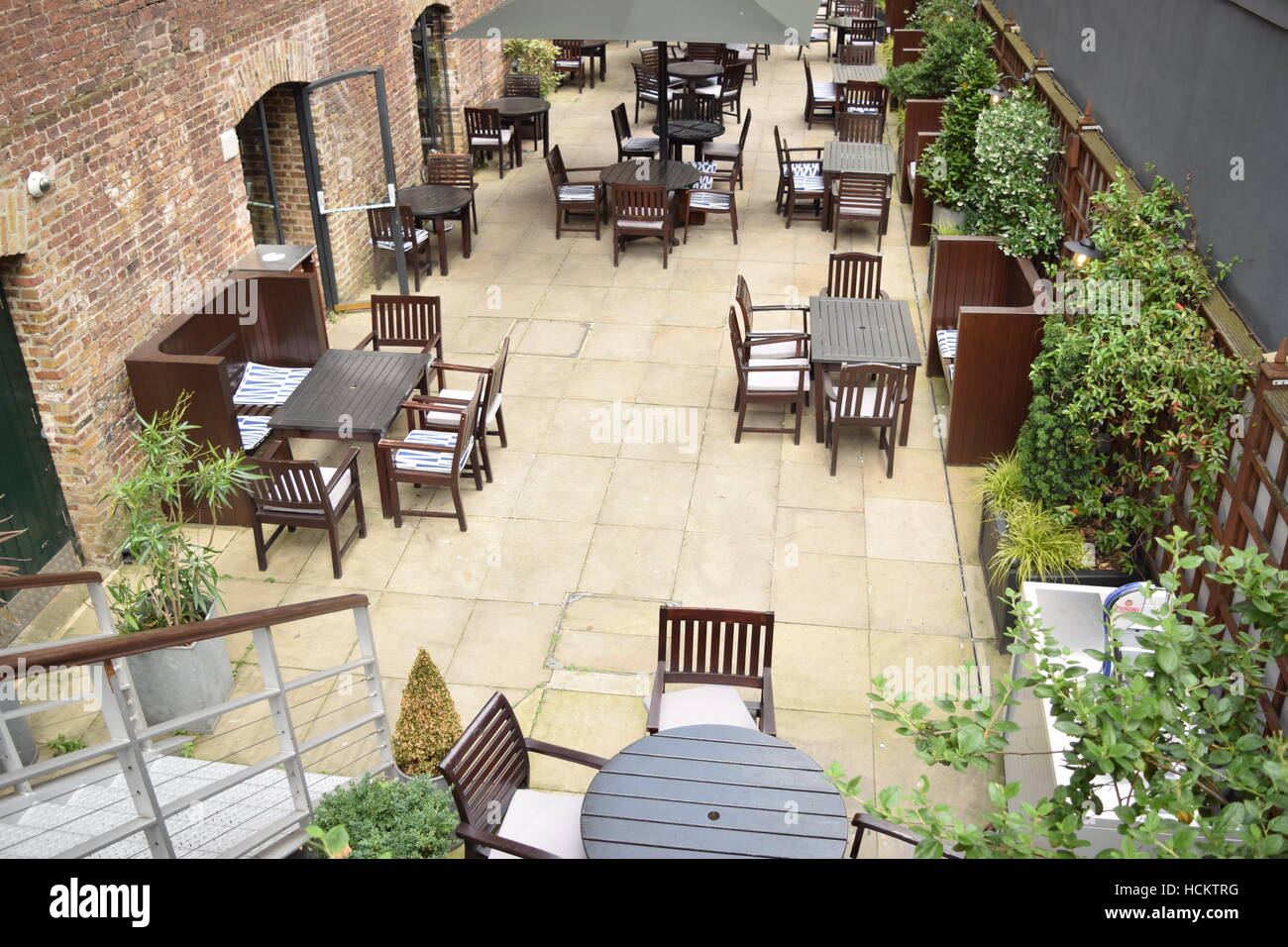 Outdoor restaurant area view from second floor Stock Photo - Alamy