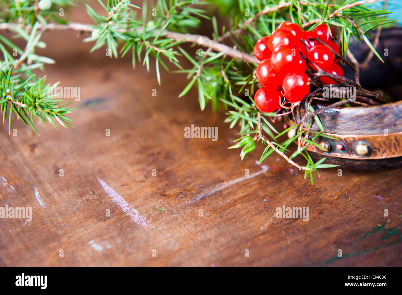 Winter scene with fresh green branches of pine, holly, juniper, cones ...
