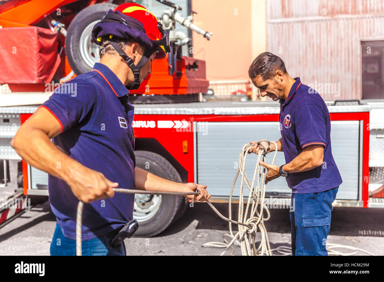 Firemen Manoeuvre in the fire station of Santa Cruz de Tenerife city ...