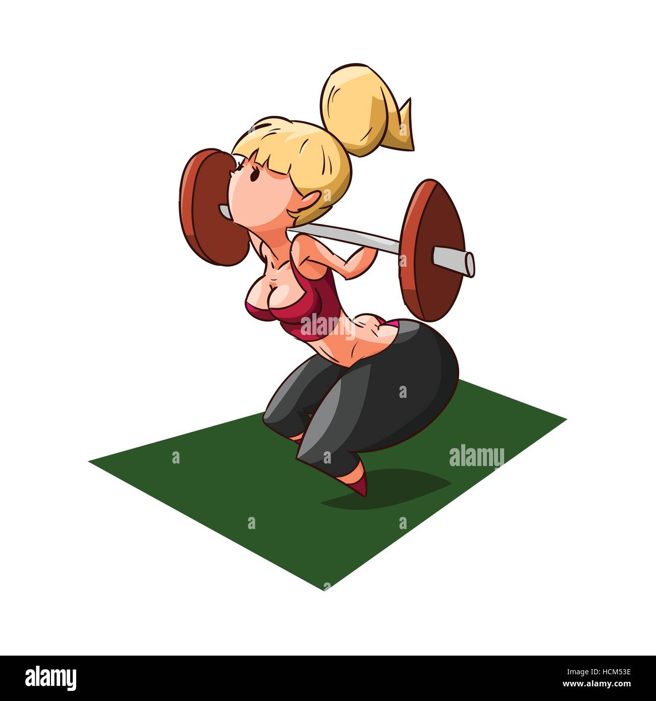 Colorful vector illustration of a cute cartoon fitness girl training in ...