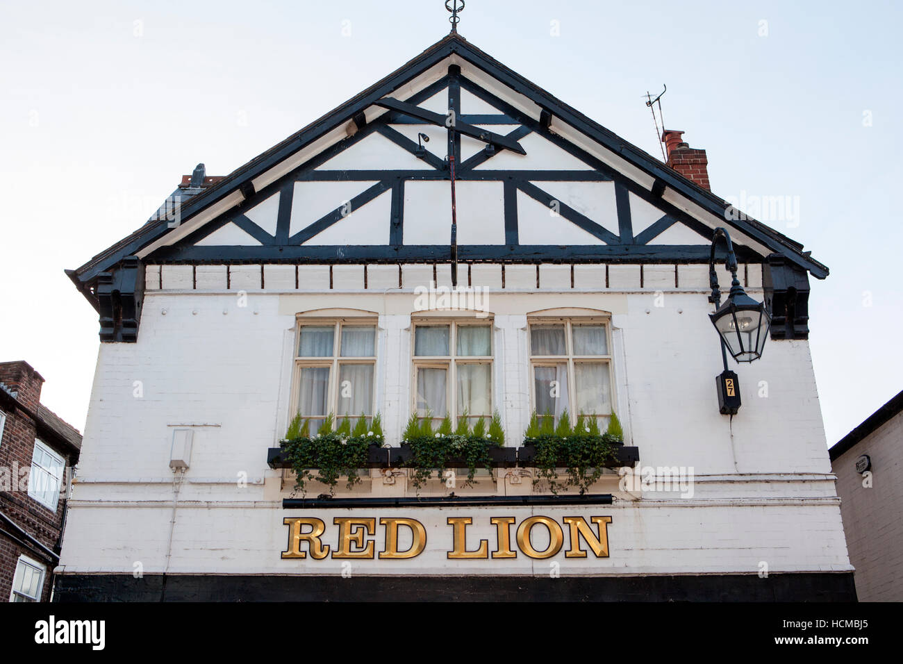 'The Red Lion' pub sign in the historic city of Chester, England, UK ...