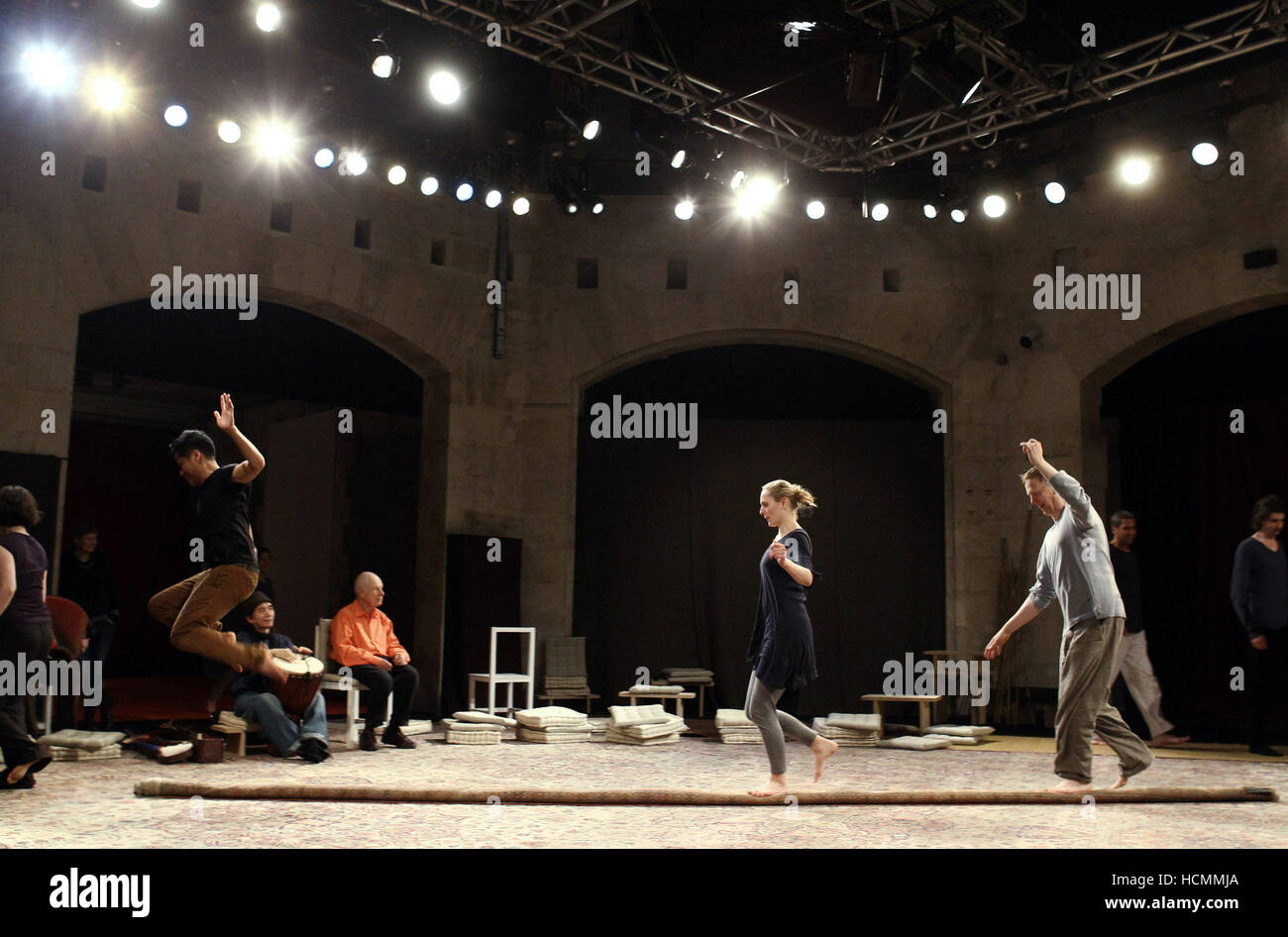 THE TIGHTROPE, Peter Brook (orange shirt), 2012. ph: Daniel Bardou ...