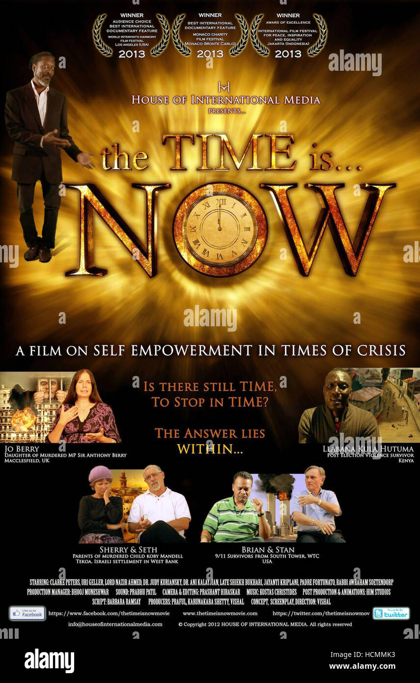 THE TIME IS... NOW, international poster art, clockwise from top ...