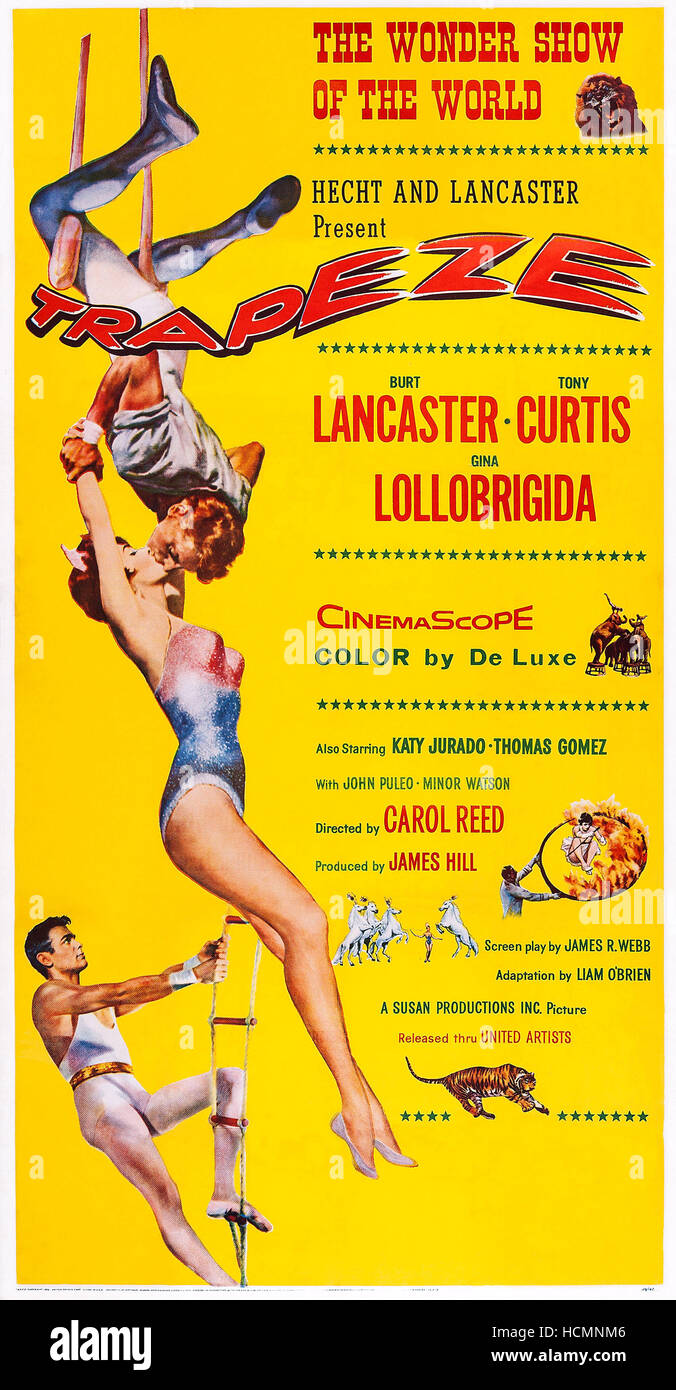 TRAPEZE, poster art, from top: Burt Lancaster, Gina Lollobrigida, Tony Curtis, 1956 Stock Photo ...