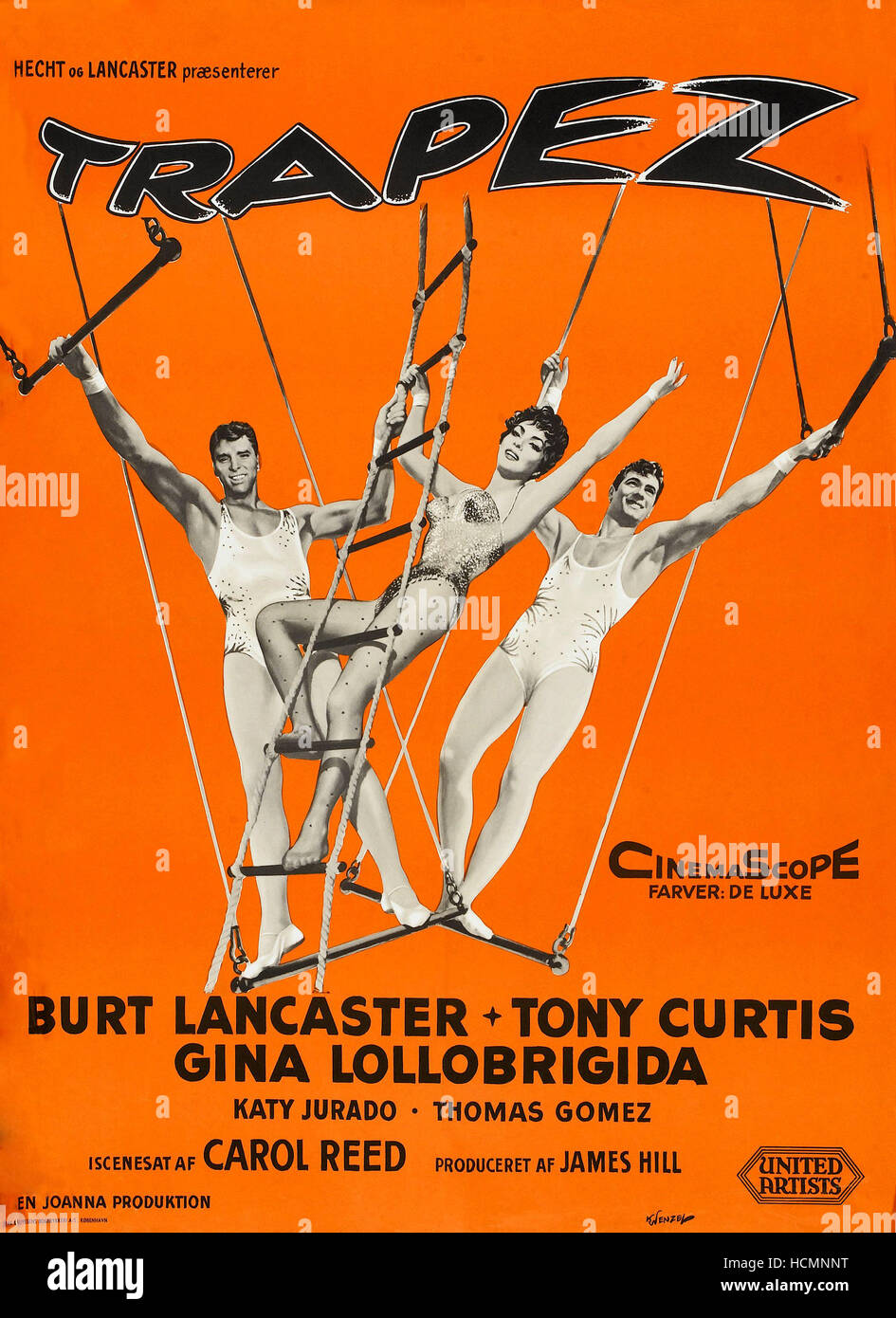 TRAPEZE, (aka TRAPEZ), Danish poster art, from left: Burt Lancaster, Gina Lollobrigida, Tony ...