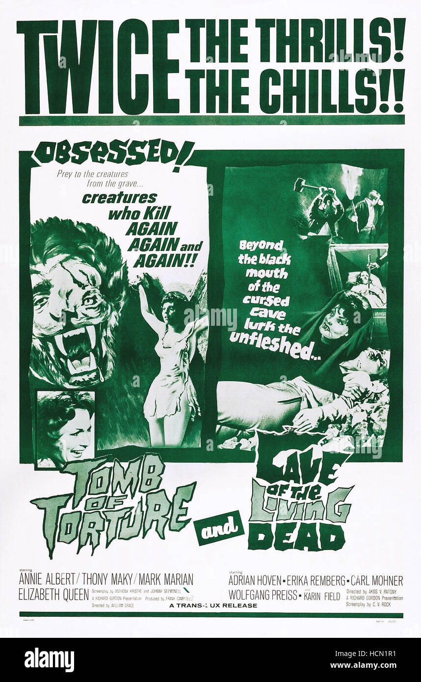 TOMB OF TORTURE, (aka METEMPSYCHO), US poster art, 1963; double feature: CAVE OF THE LIVING DEAD ...