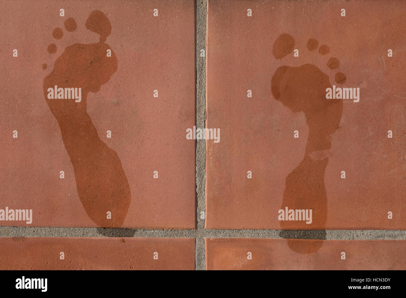 wet footprints on terracotta tiles - footmarks Stock Photo - Alamy