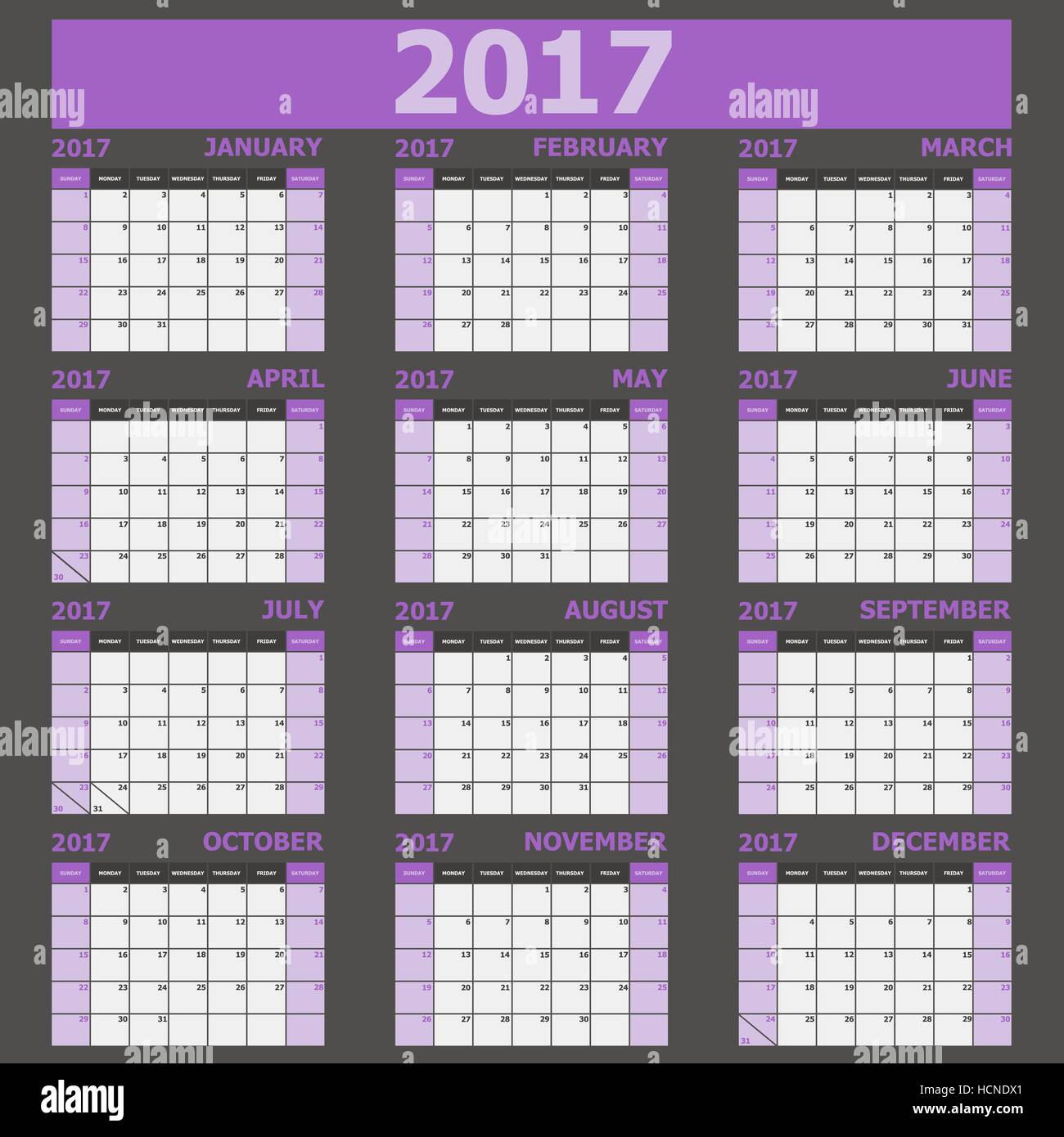 Calendar 2017 week starts on Sunday (purple tone), stock vector Stock ...
