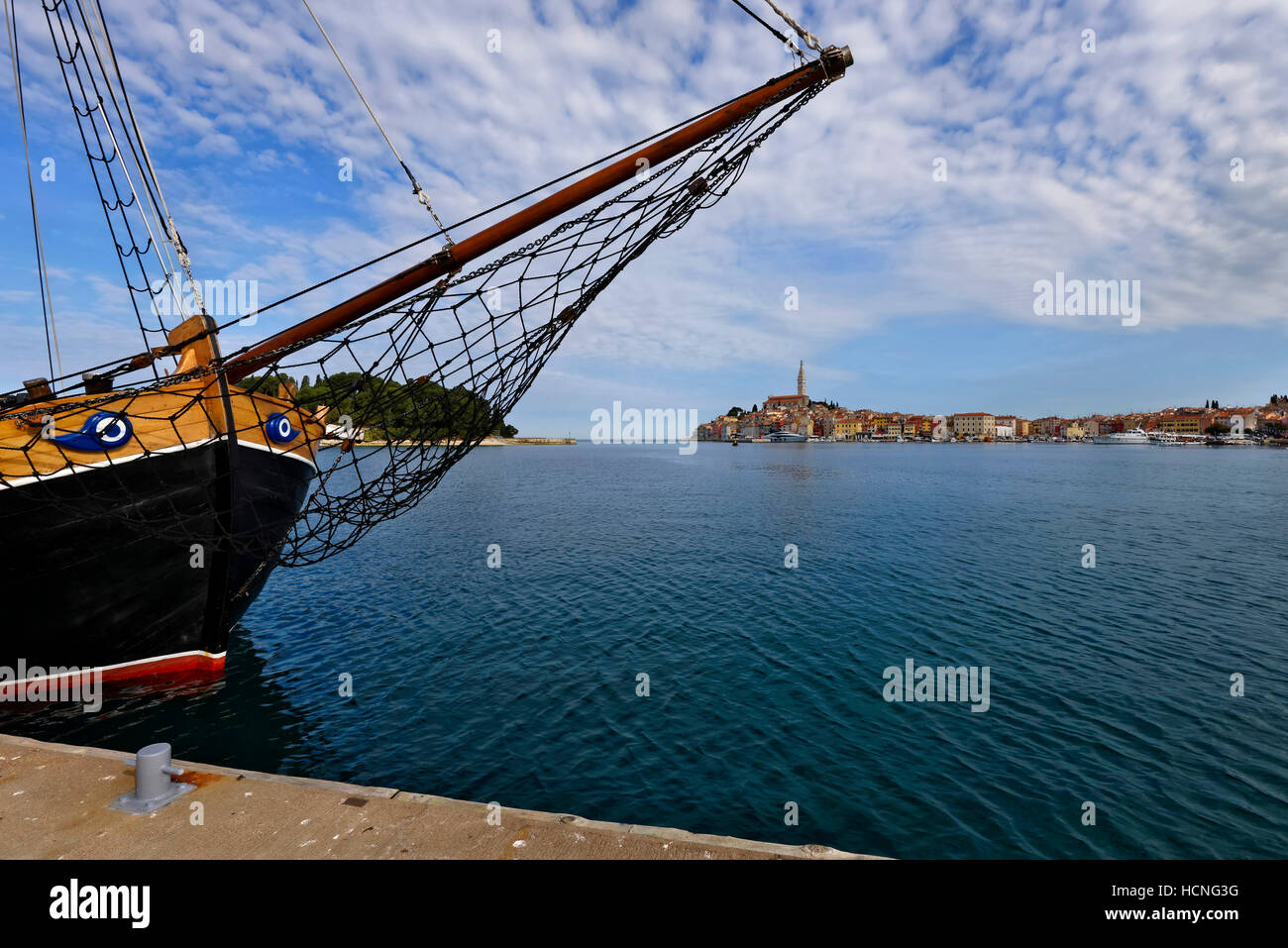 Rovinj: Sailing ship in harbour, old town in the background, Istria ...