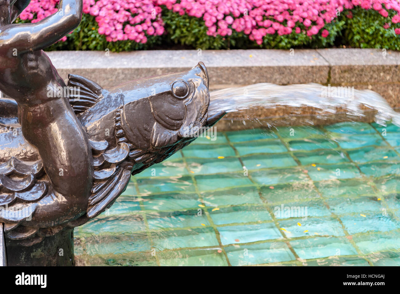 Rockefeller Center Channel Gardens water fountain, detail of Triton's ...