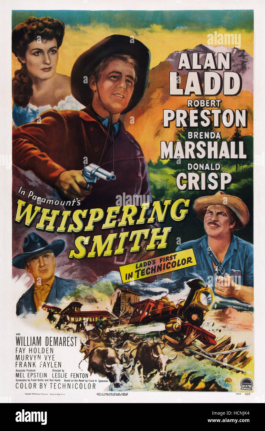 WHISPERING SMITH, poster art, from top: Brenda Marshall, Alan Ladd, Robert Preston, lower left ...