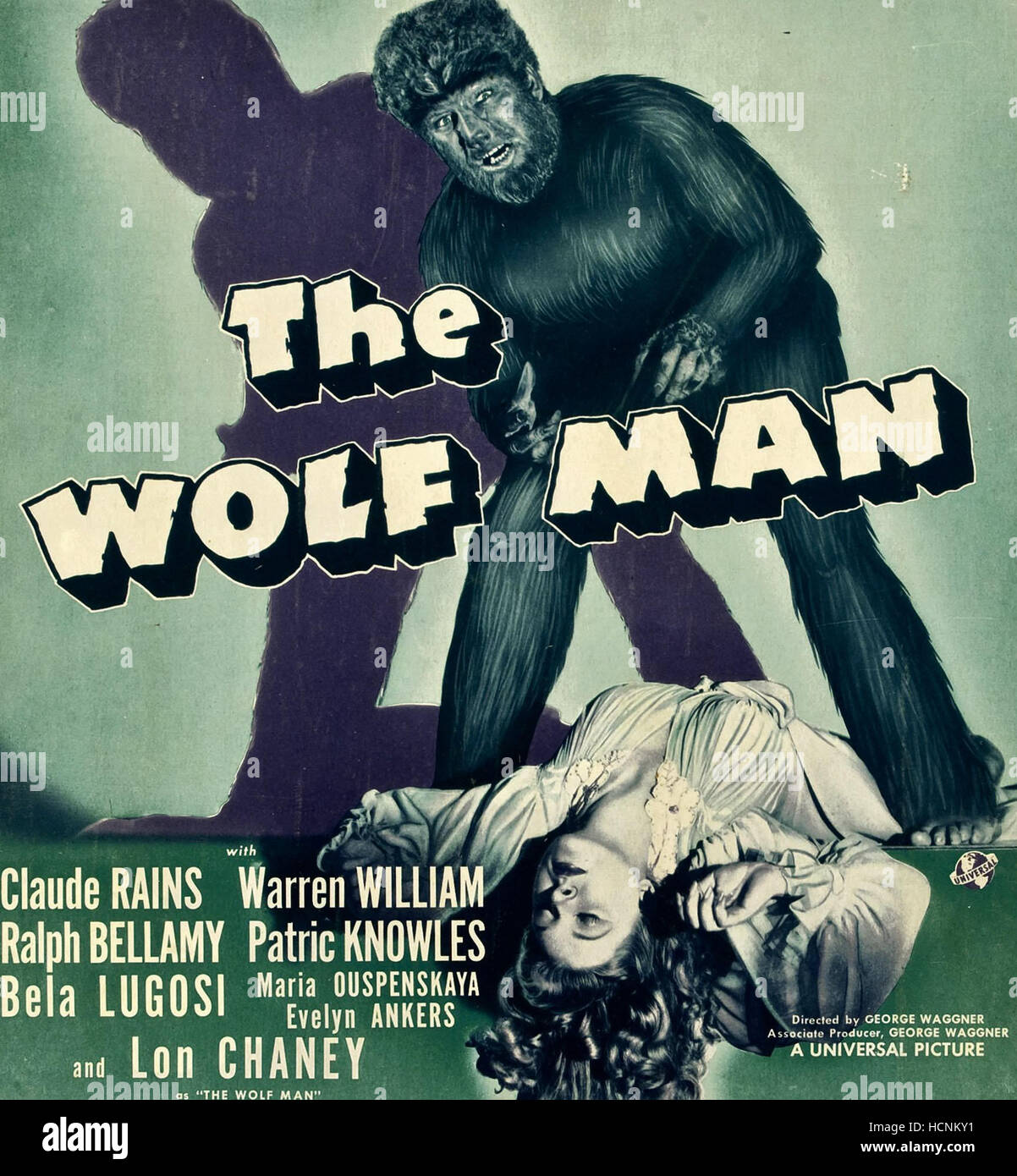 THE WOLF MAN, from top: Lon Chaney Jr., Evelyn Ankers on window card ...