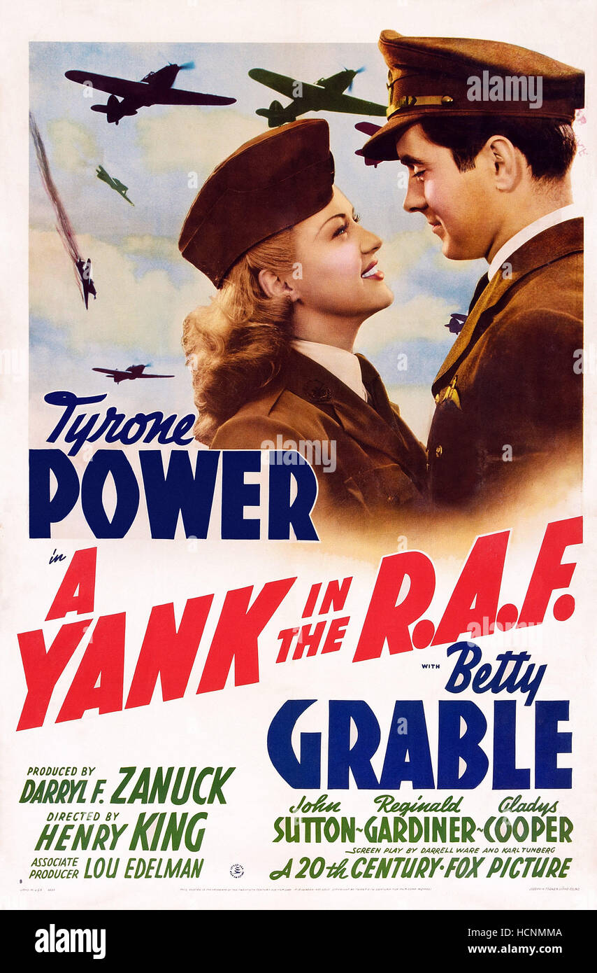 A YANK IN THE R.A.F., l-r: Betty Grable, Tyrone Power on poster art ...