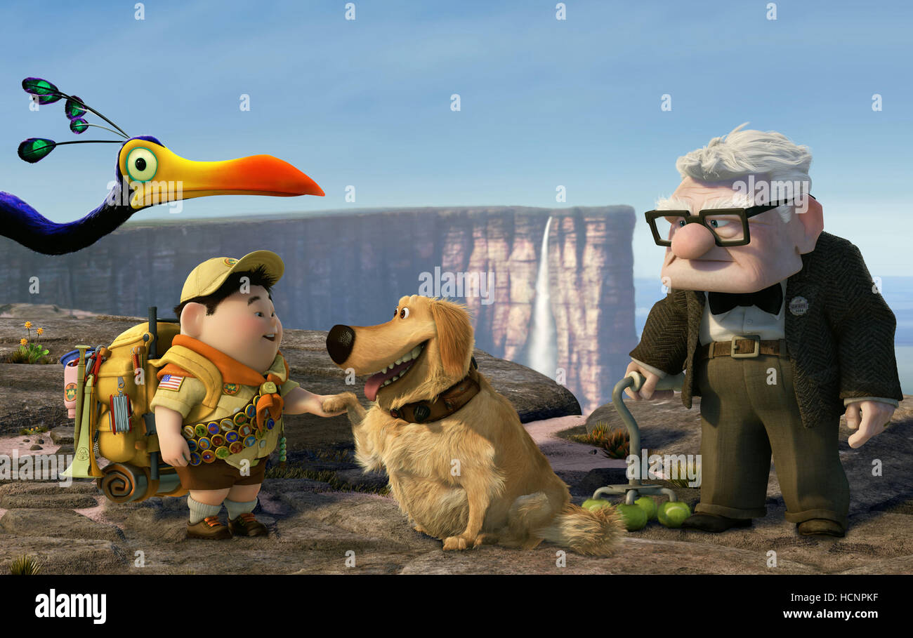 UP, from left: Kevin (bird), Russell (boy), Dug, Carl Fredricksen ...
