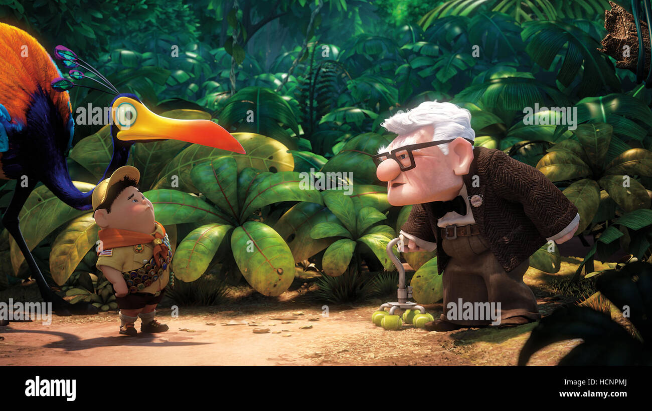 UP, from left: Kevin (bird), Russell (boy scout), Carl (right, voice ...