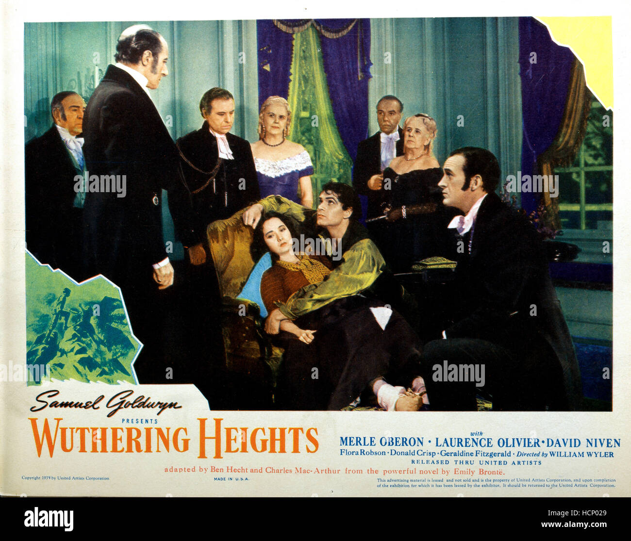 WUTHERING HEIGHTS, lobbycard, Merle Oberon, Laurence Olivier (center), David Niven (right), 1939 ...