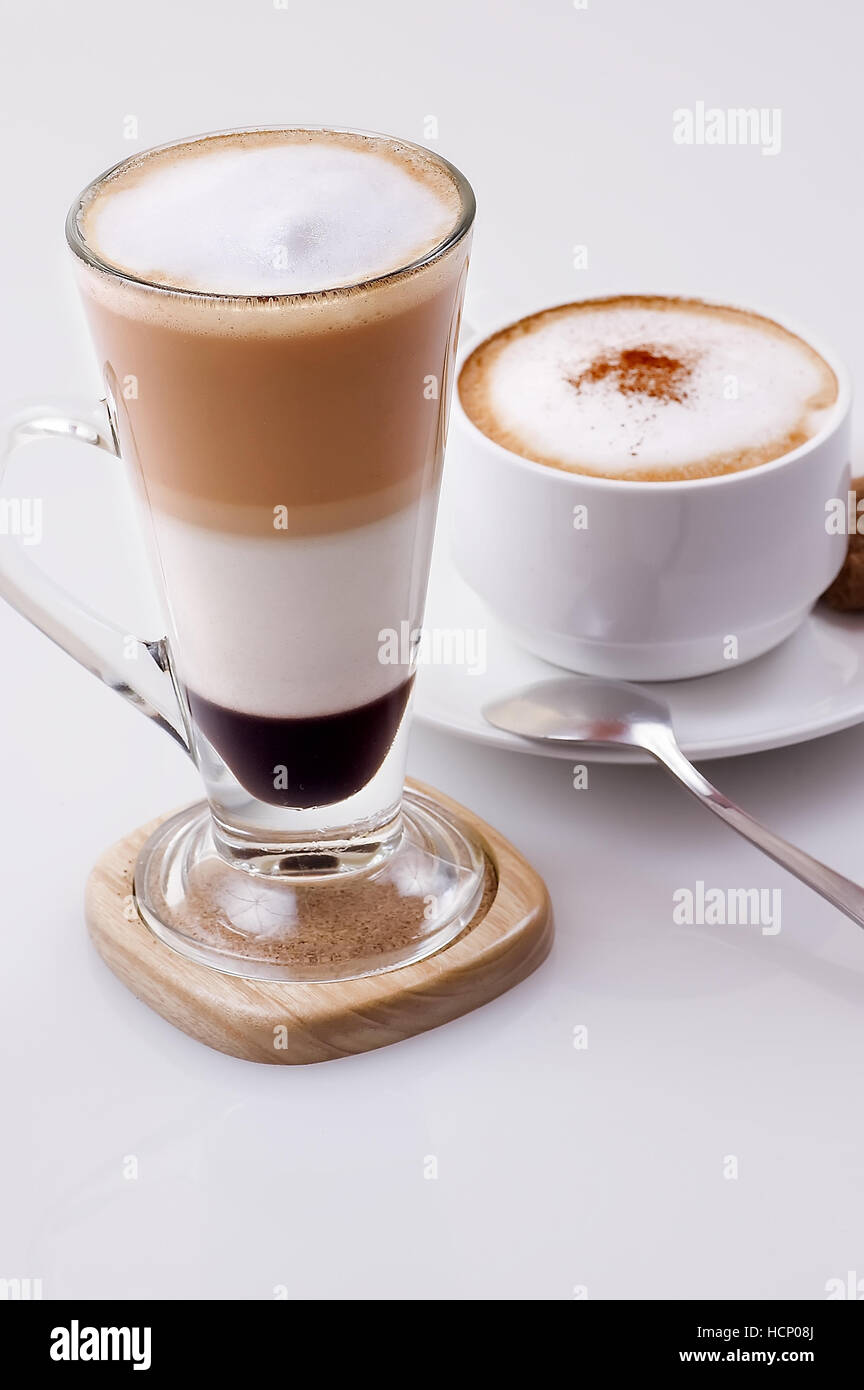 Ice coffee mocca and hot cappucino on white background Stock Photo - Alamy