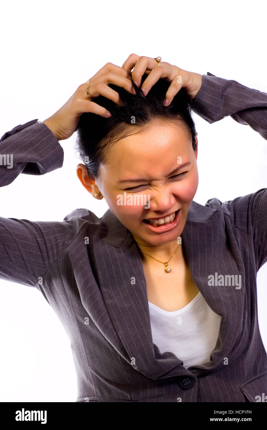 Asian Woman Got Stress on white background Stock Photo - Alamy