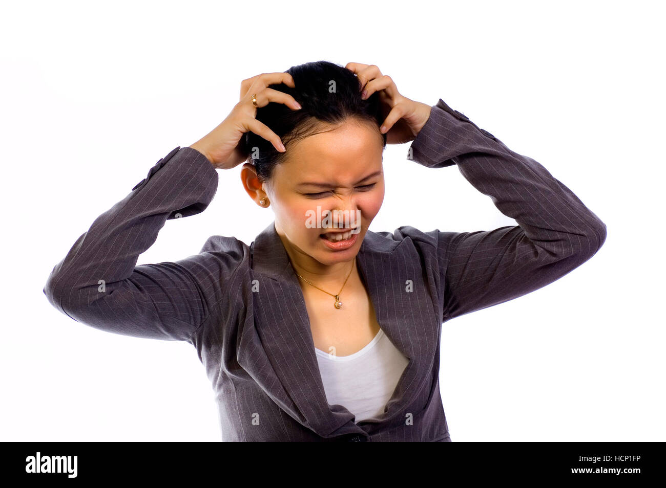 Asian Woman Got Stress on white background Stock Photo - Alamy