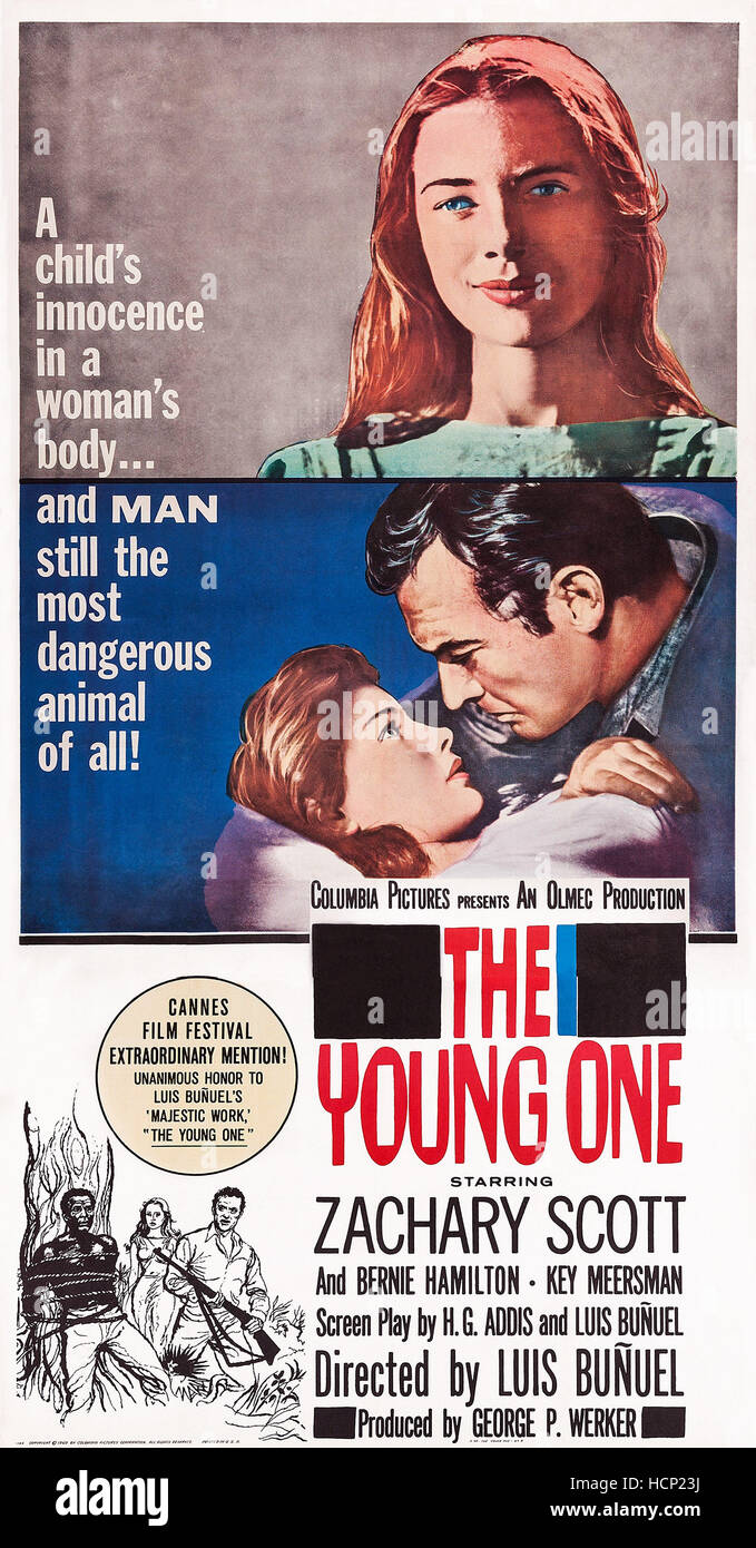 THE YOUNG ONE, poster art, from top: Key Meersman, Zachary Scott, 1960 ...