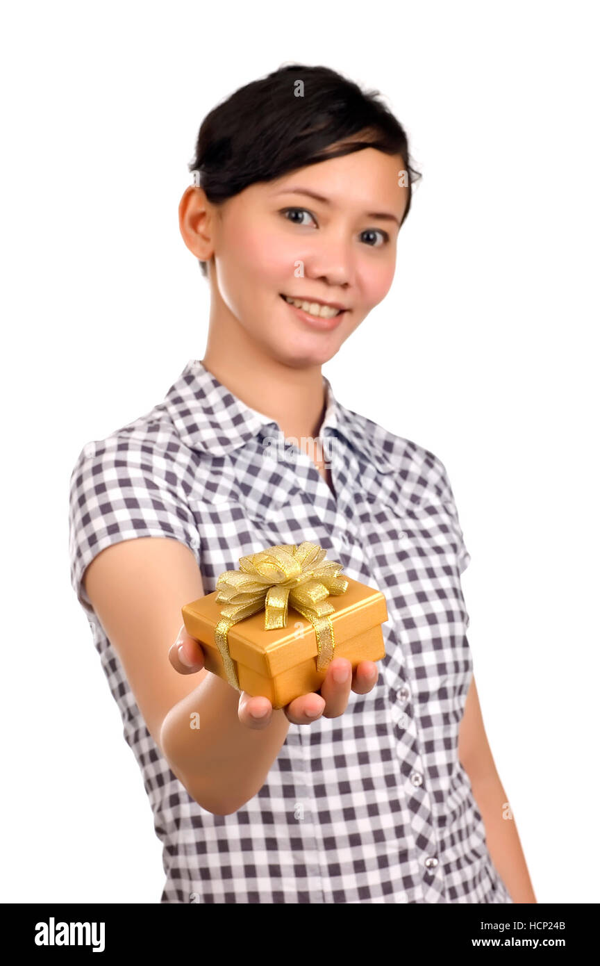 Woman giving present, focus on present, isolated on white background ...