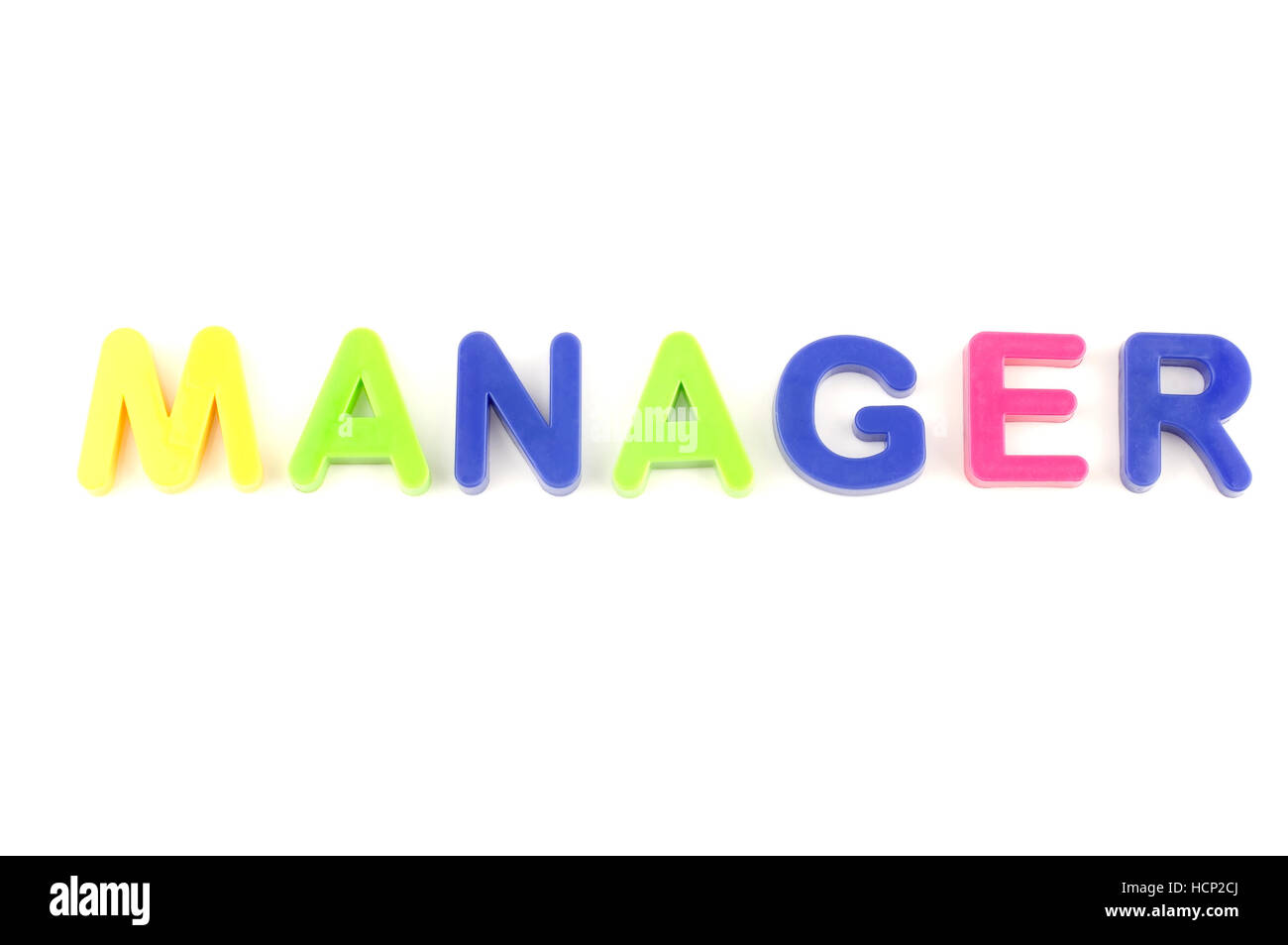 Word manager isolated on white background made from colorful toys ...