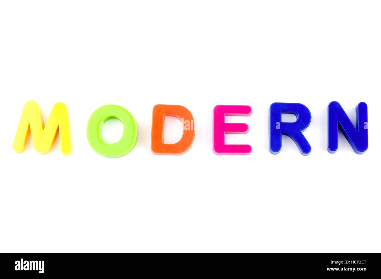 Word modern isolated on white background made from colorful toys ...