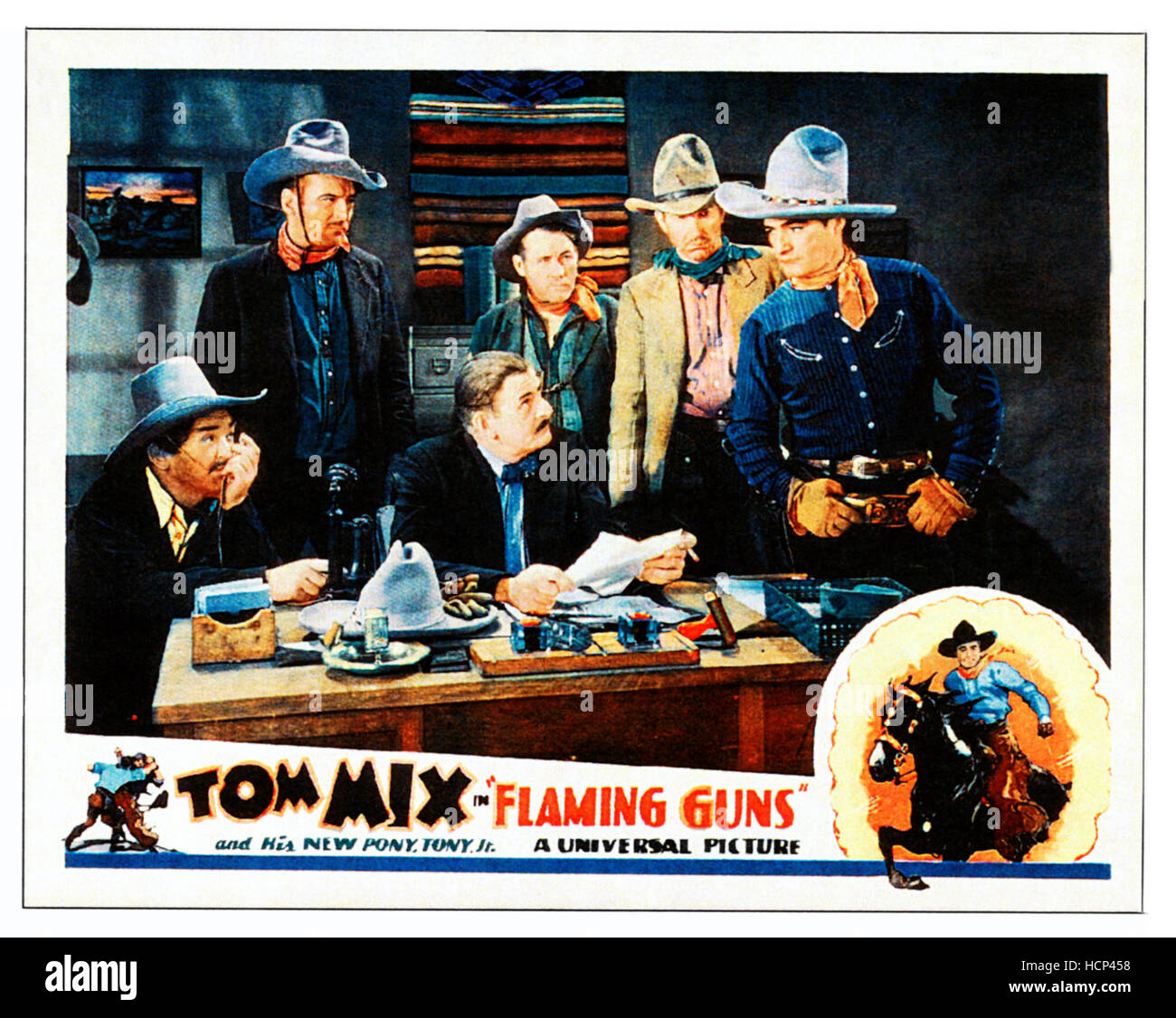 FLAMING GUNS, far right and lower right: Tom Mix on lobbycard, 1932 ...