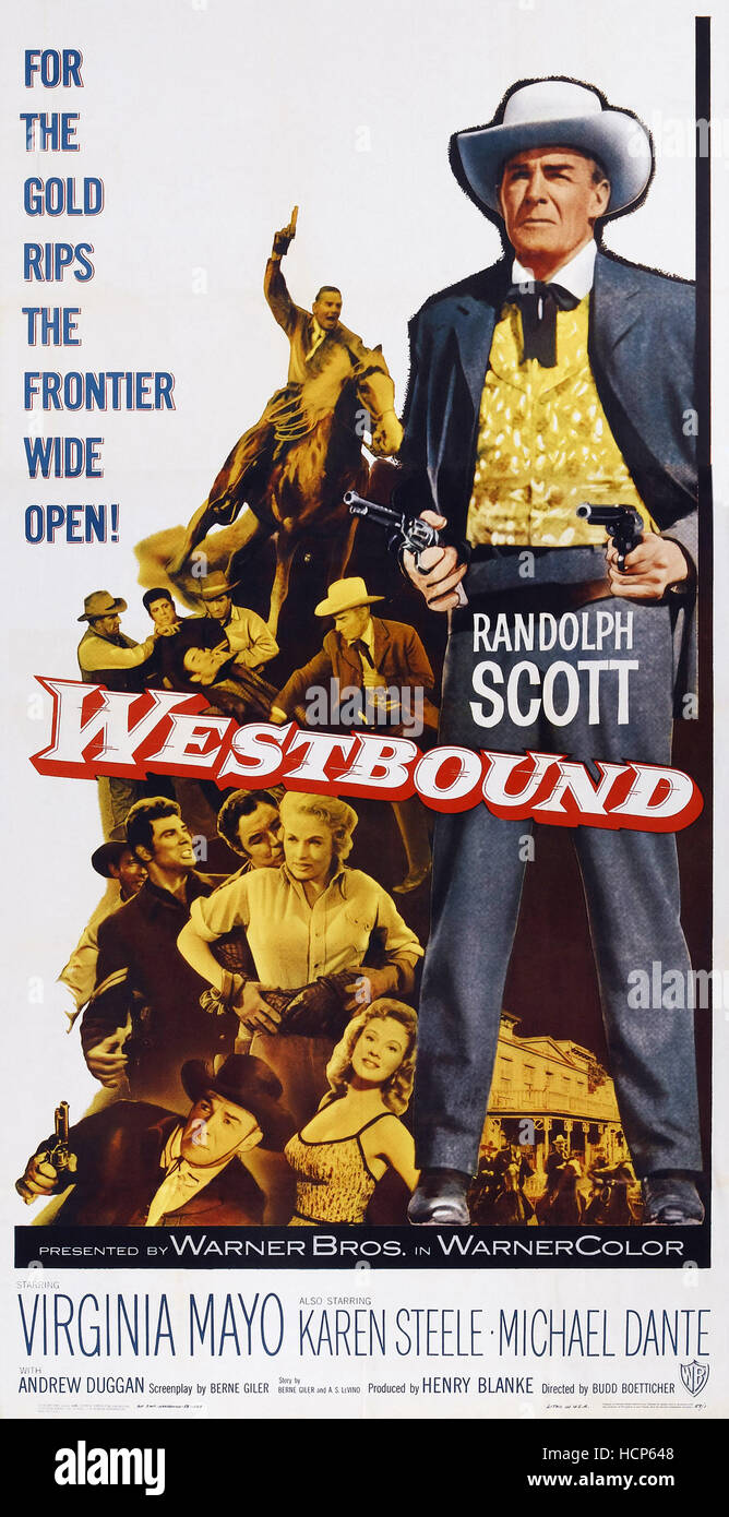 WESTBOUND, top: Randolph Scott, bottom: Virginia Mayo on poster art, 1959 Stock Photo - Alamy