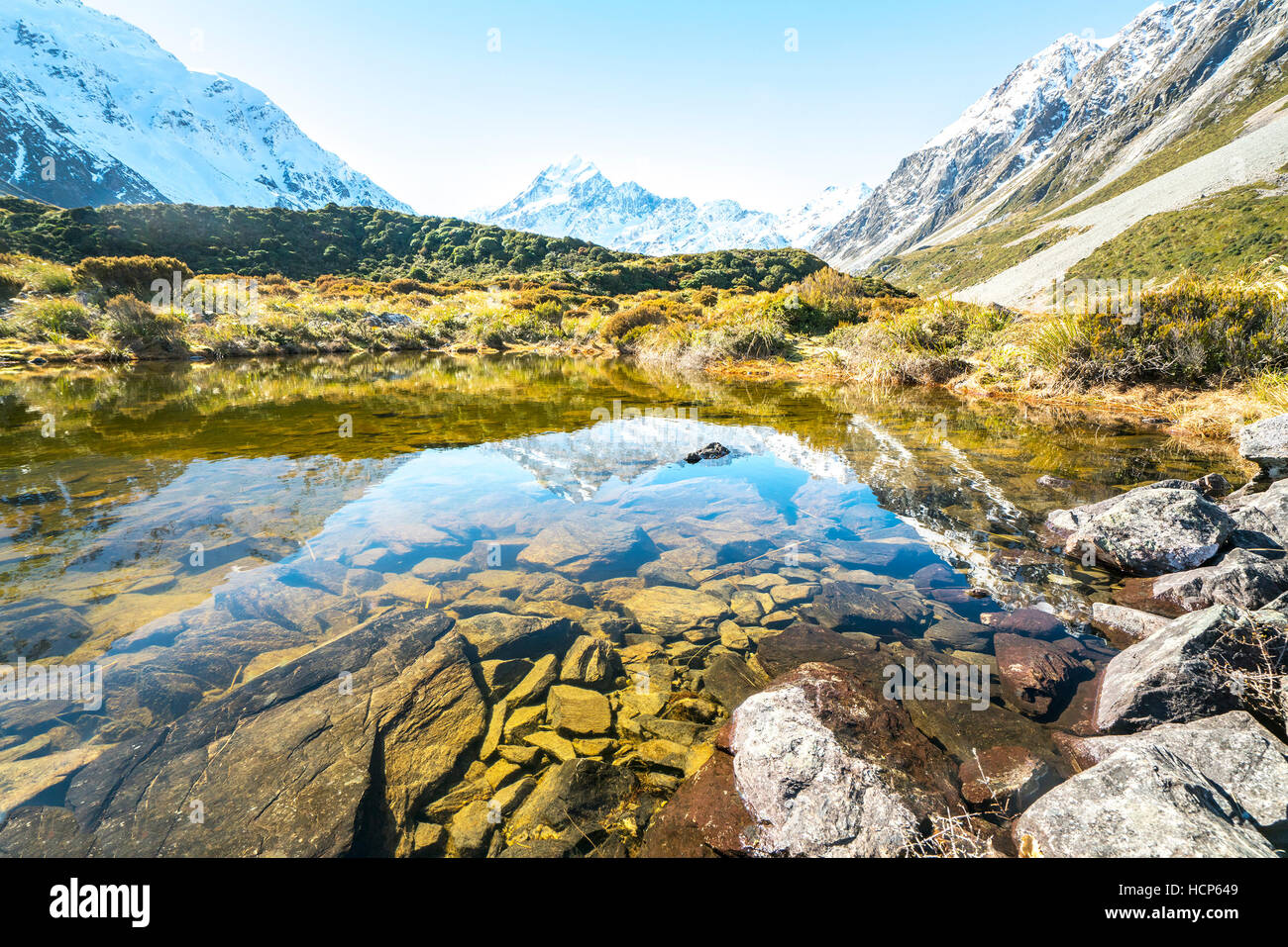 Clear water with mount cook reflection at New Zealand Stock Photo - Alamy