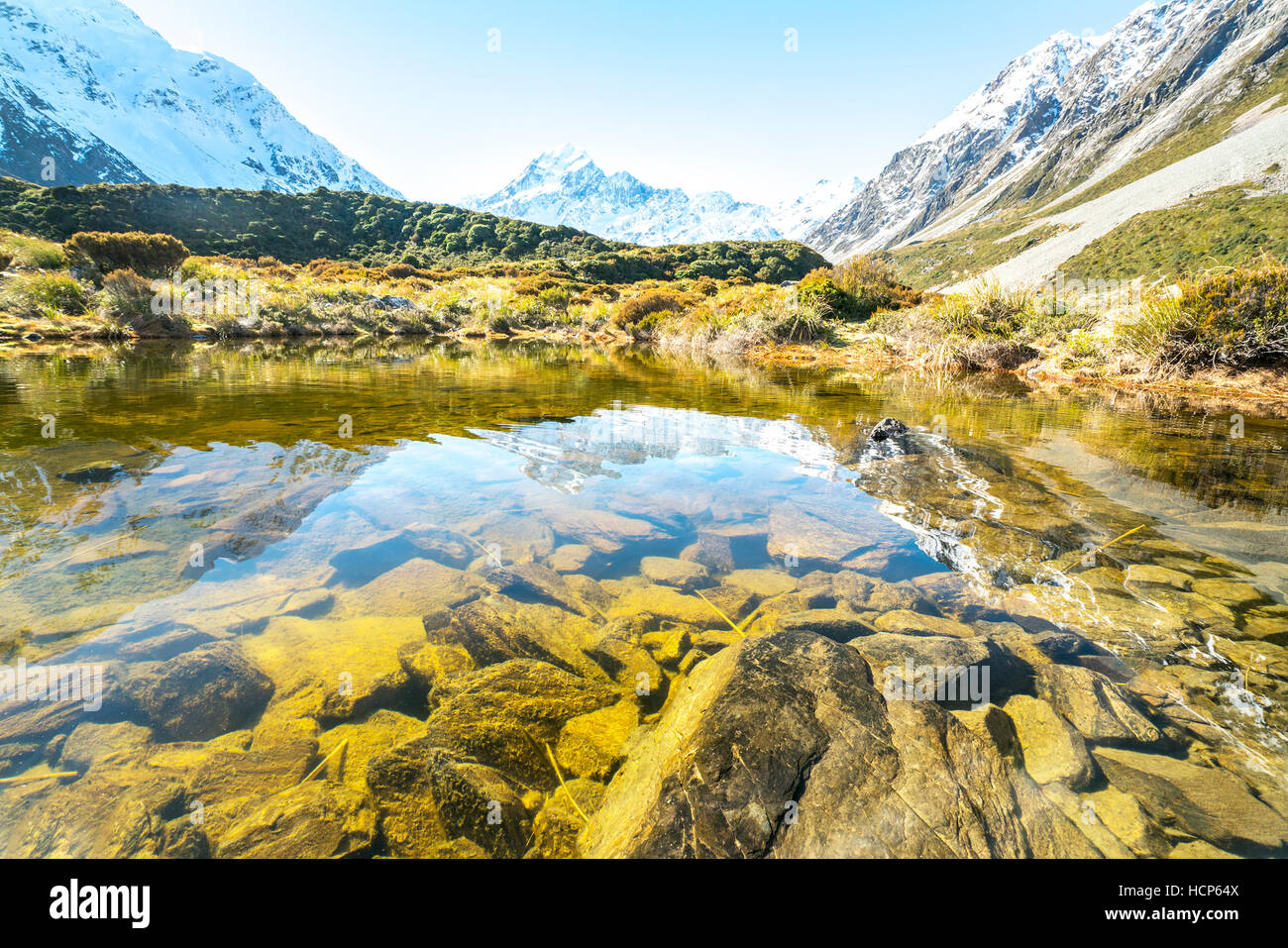 Clear water with mount cook reflection at New Zealand Stock Photo - Alamy