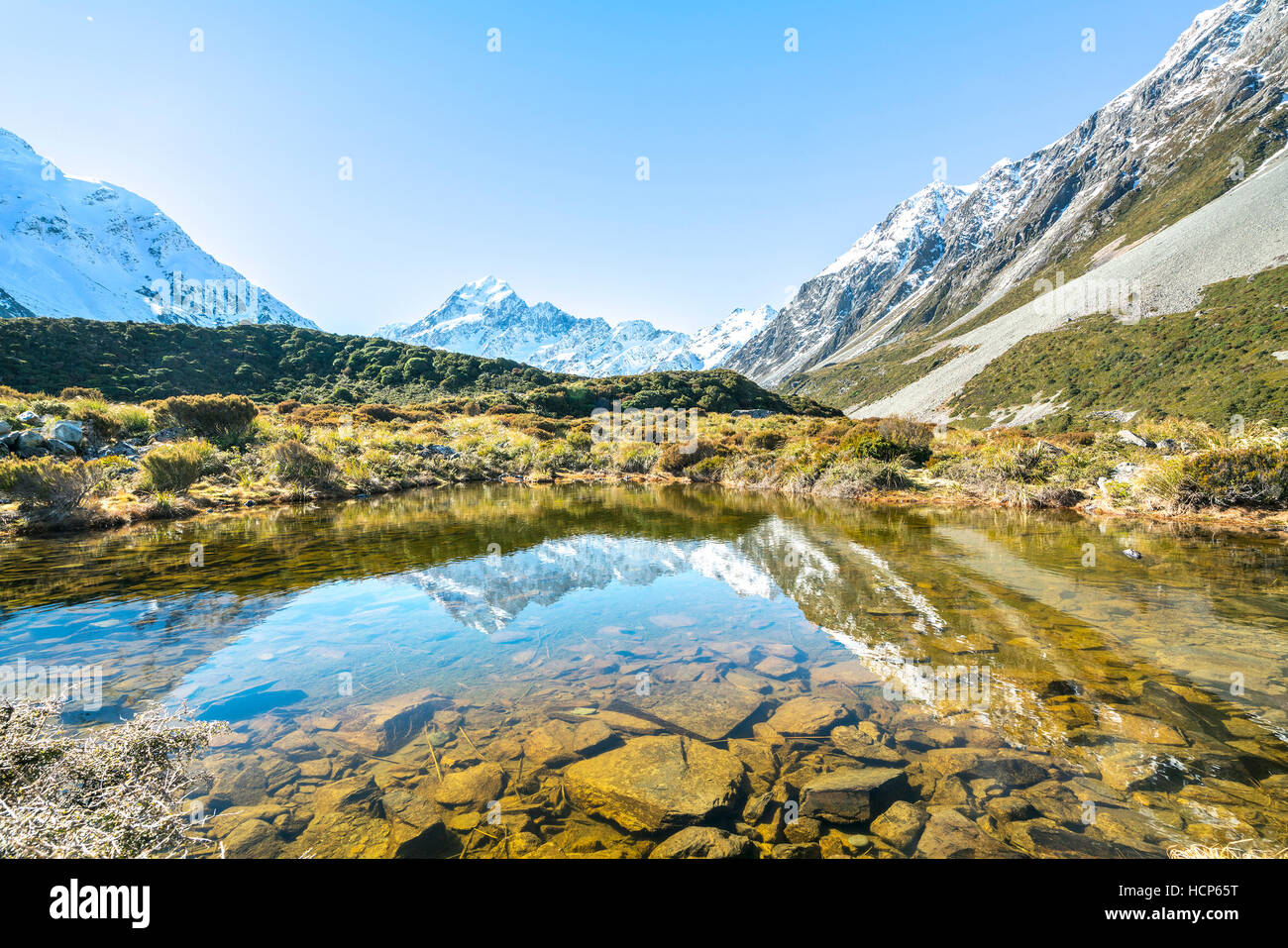 Clear water with mount cook reflection at New Zealand Stock Photo - Alamy