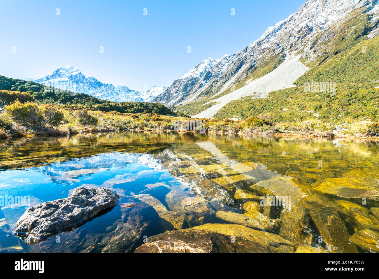 Clear water with mount cook reflection at New Zealand Stock Photo - Alamy