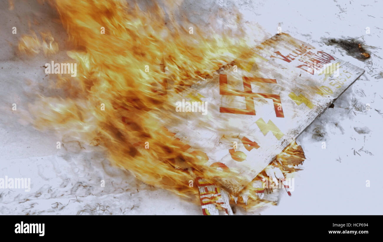 WELCOME TO LEITH, one of Craig Cobb's signs burns in the snow in Leith ...