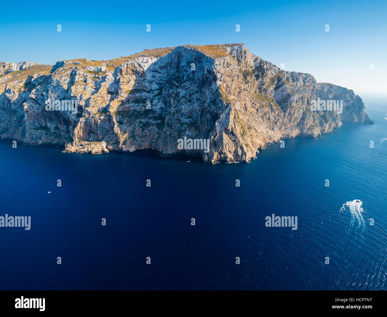 Aerial view, cliffs, Sa Boca de Sa Ratjada, Mallorca, Balearic Islands ...
