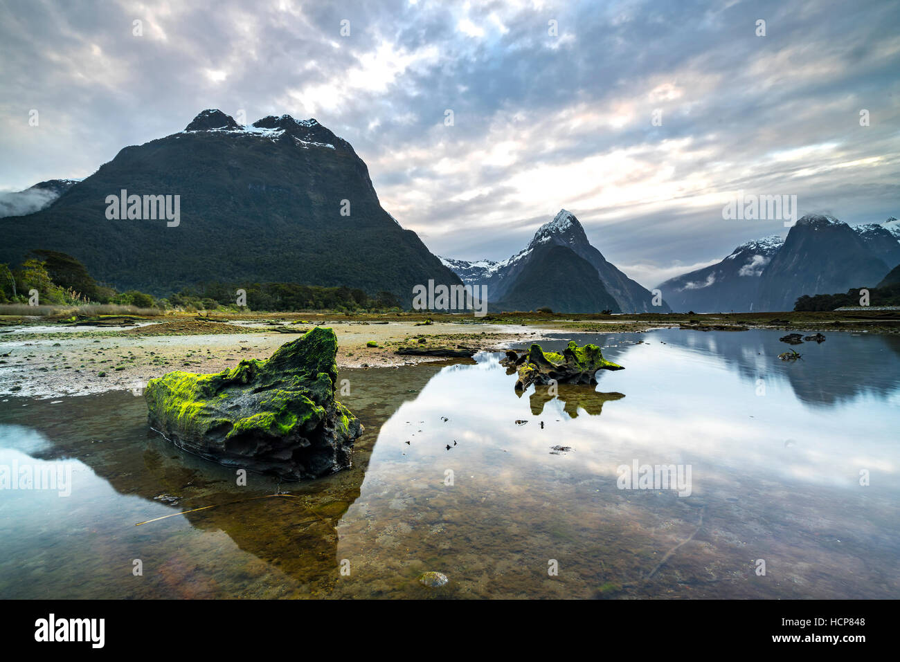 Sunrise and reflection at Mitre Peak, Milford Sound in Fiordland ...