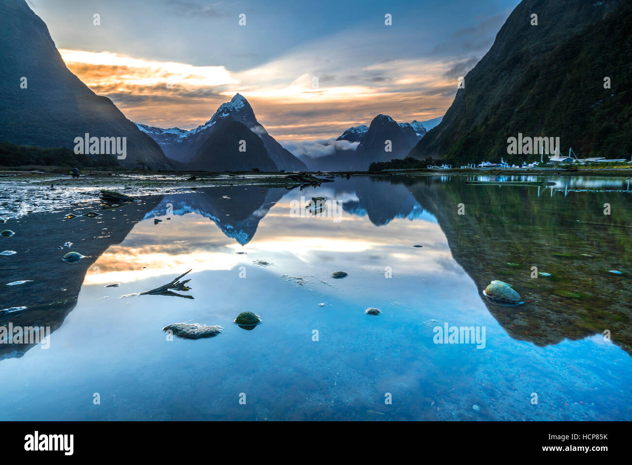 Sunrise and reflection at Mitre Peak, Milford Sound in Fiordland ...