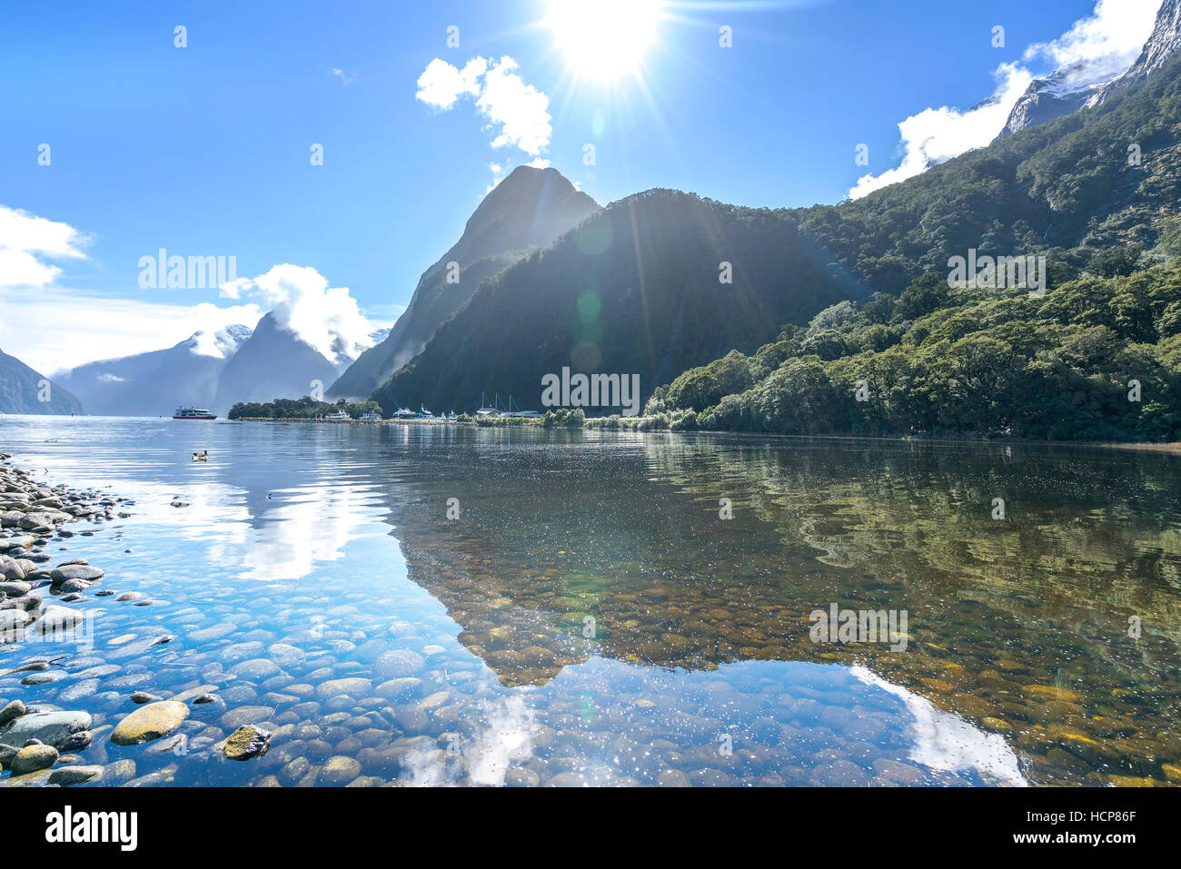 Stone at lake with sun flare of Milford Sound, New Zealand Stock Photo ...