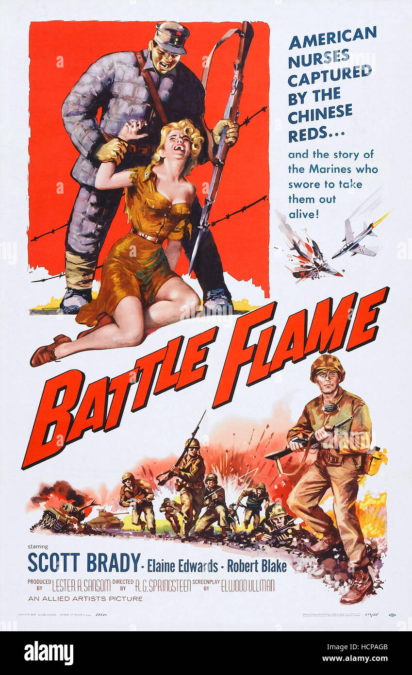 BATTLE FLAME, US poster, bottom right: Scott Brady, 1959 Stock Photo ...