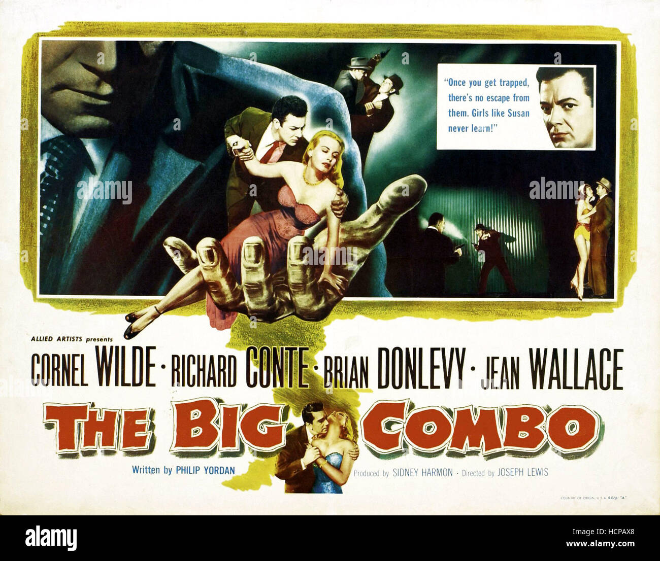 THE BIG COMBO, center from left: Richard Conte, Jean Wallace, top right ...