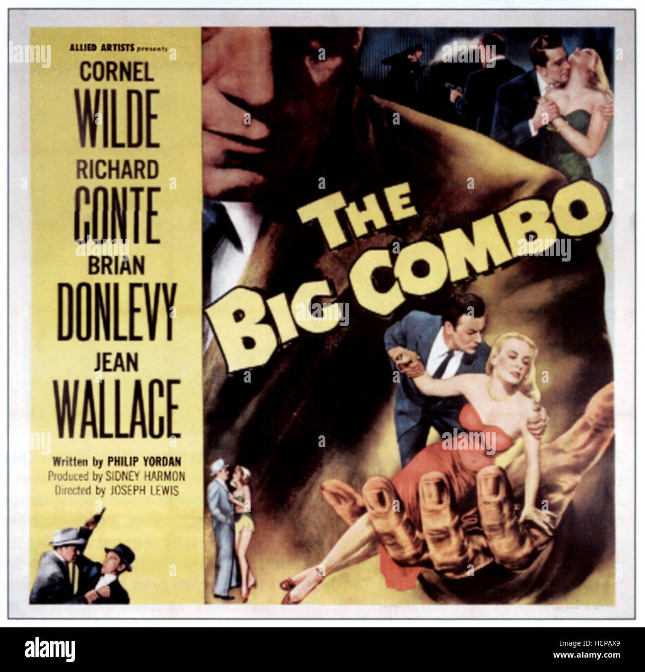 THE BIG COMBO, center from left: Richard Conte, Jean Wallace, top right ...