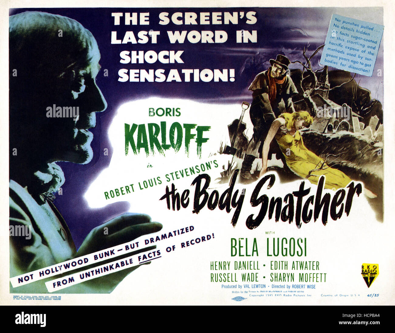 THE BODY SNATCHER, left and top right: Boris Karloff on title lobbycard ...