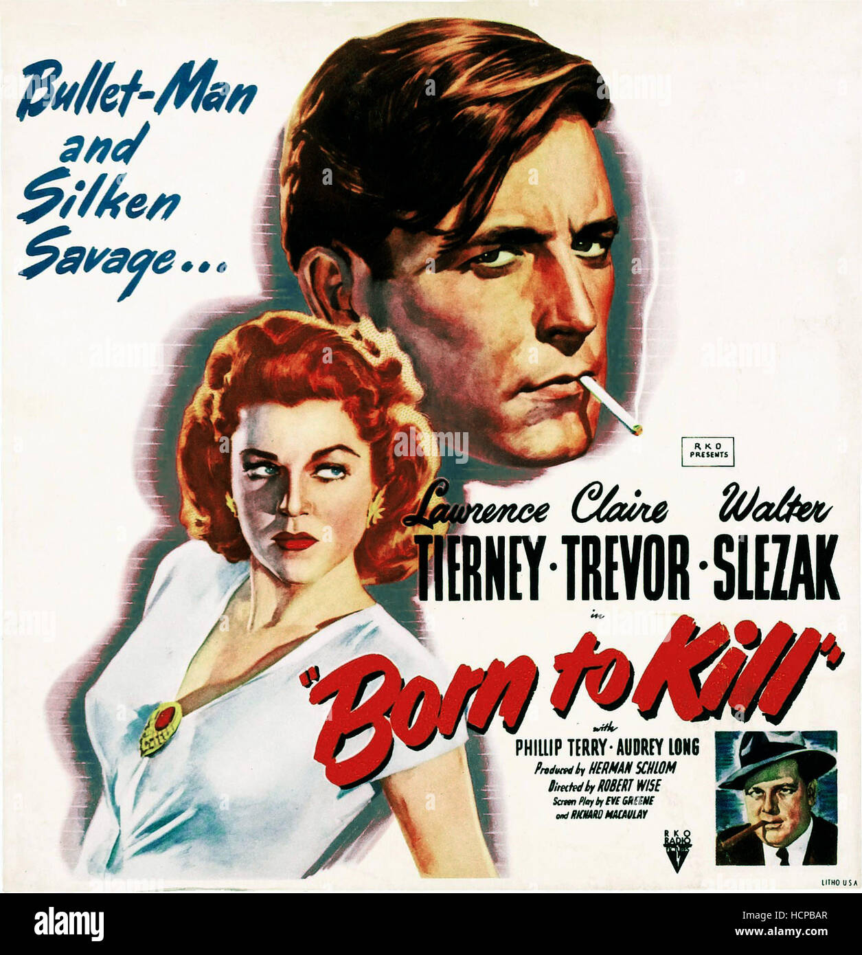 BORN TO KILL, from left: Claire Trevor, Lawrence Tierney, lower right: Walter Slezak, 1946 Stock ...