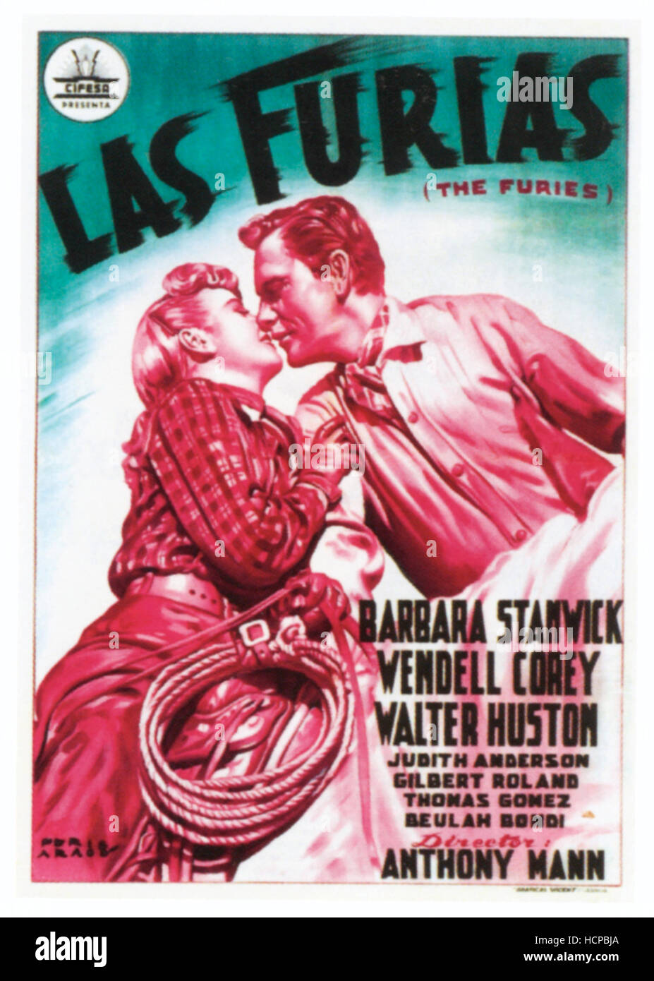 THE FURIES (aka LAS FURIAS), from left: Barbara Stanwyck, Wendell Corey on Spanish psoter art ...