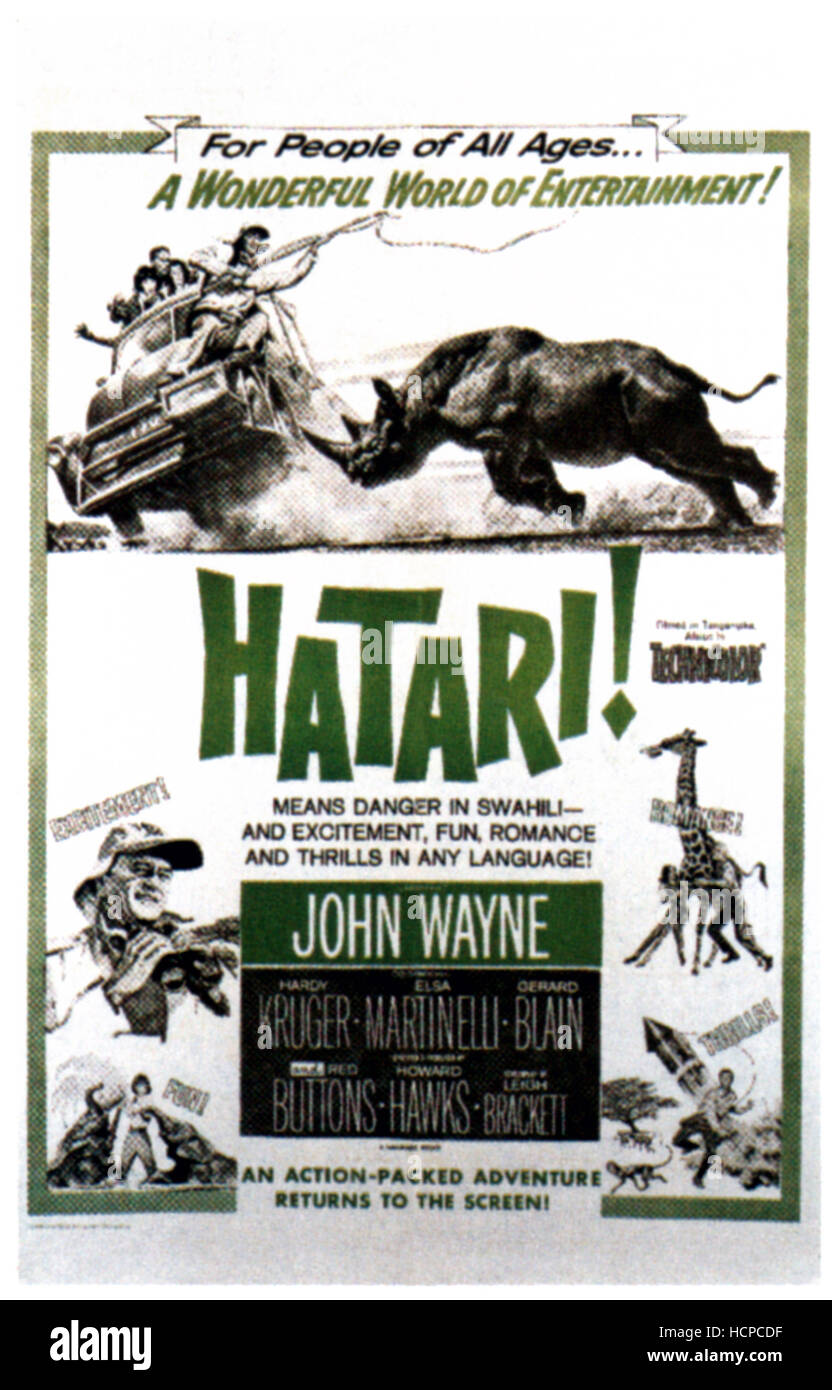 HATARI!, bottom left: John Wayne on 1960s reissue poster, 1962 Stock ...