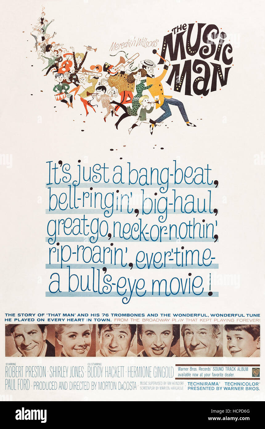 THE MUSIC MAN, US poster art, from bottom left: Robert Preston, Shirley Jones, Buddy Hackett ...